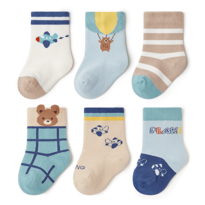 Beibi - Baby Socks: 6 Pack in Plane and Bear – HeyKids Australia